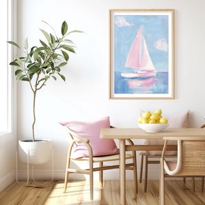 Pastel Pink Blue Sailboat Wall Art, Coastal Summer Ocean Painting ...