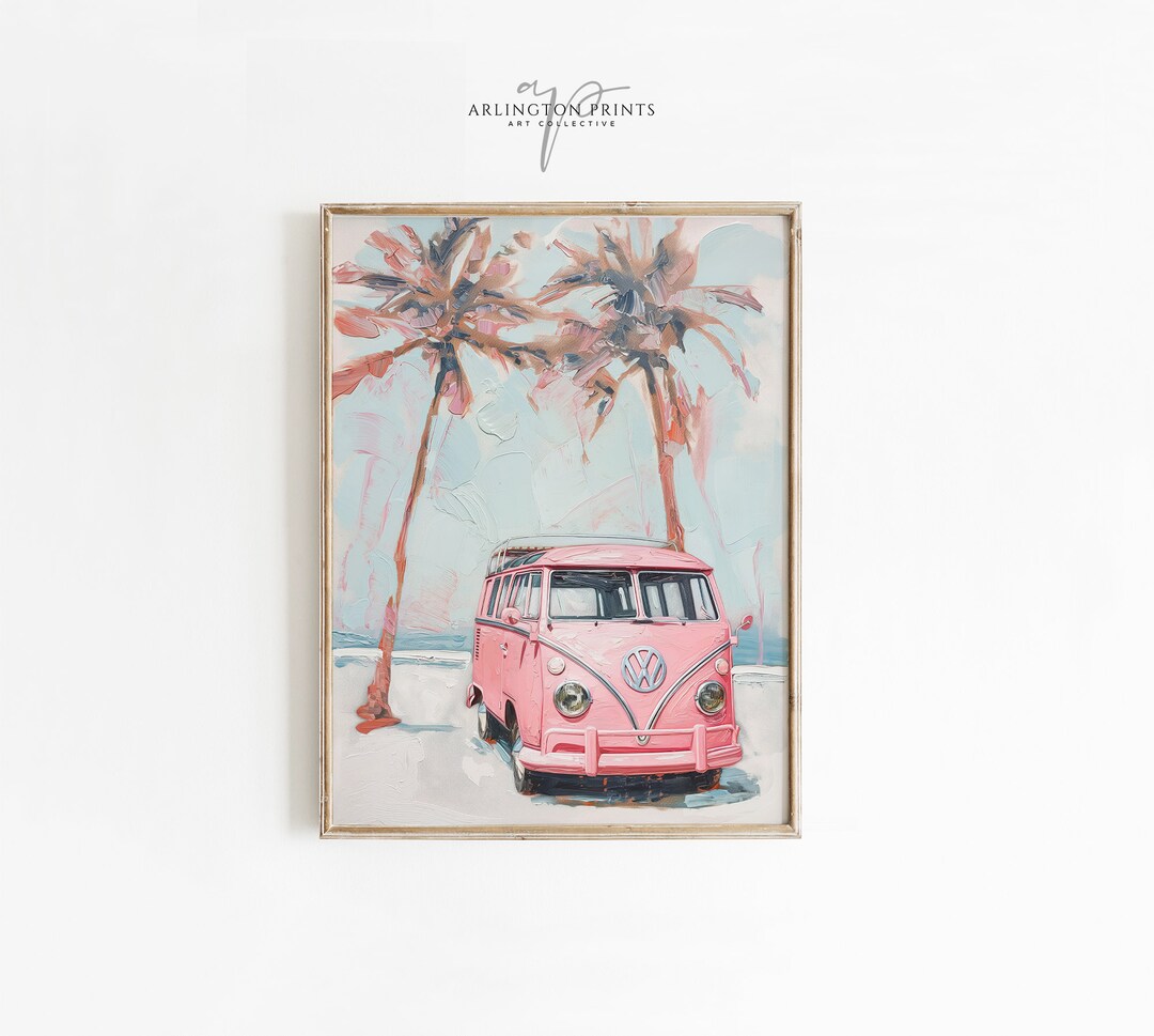 Cute Pink Bus Wall Art, Beach Poster Art, Preppy Dorm Room, Girly ...