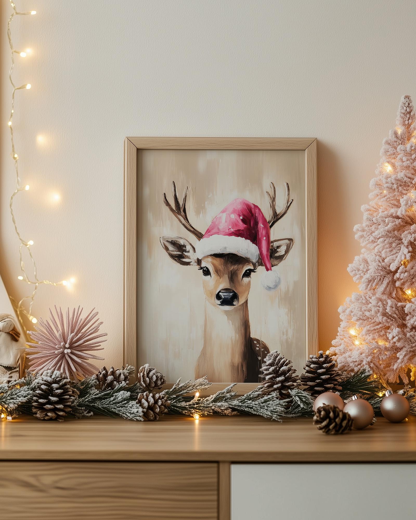 Cute PRINTABLE Pink Christmas Fawn Art Print, Baby Deer Santa Painting ...