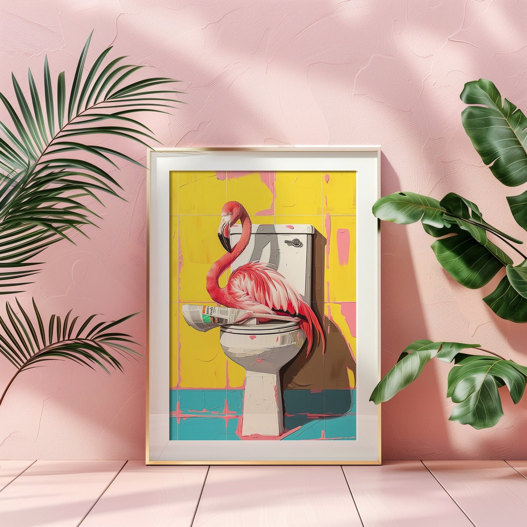 Trendy Bathroom Wall Art, Flamingo on Toilet, Preppy Decor, Dopamine ...