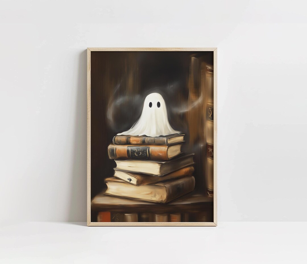Cute Ghost Book Stack Print, Whimsigoth Decor, Halloween Book Painting ...