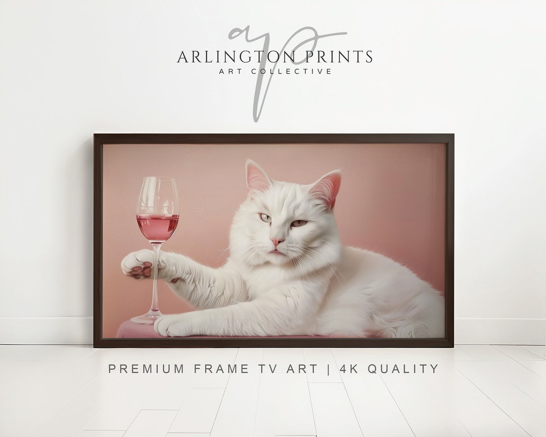 Funny Wine Cat Frame TV Art Pink Aesthetic Cat Drinking Wine Bar Cart ...
