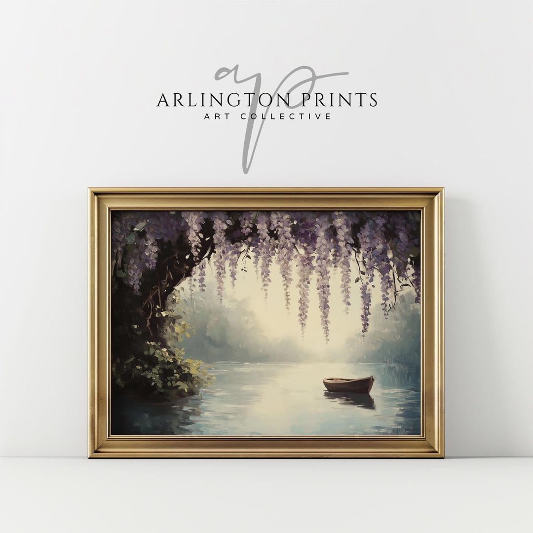 Moody Lake Painting, PRINTABLE Boat Wall Art, Vintage Landscape Wall Decor, Muted Wisteria Print ...
