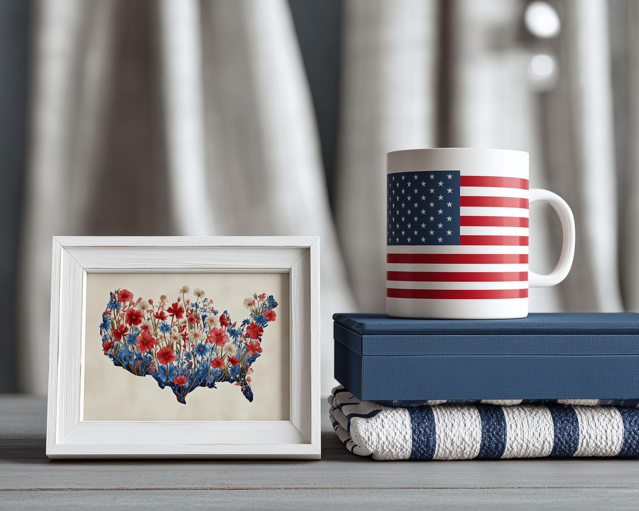 USA Map Wall Art, PRINTABLE Patriotic Wildflower Print, Red White Blue ...