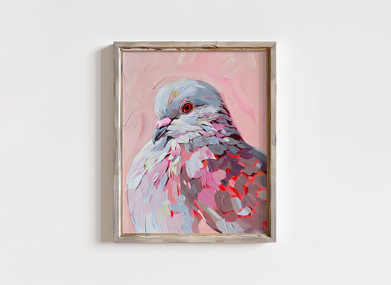 Printable Preppy Bird Painting, Pigeon Art, Pink Poster Print, Abstract ...