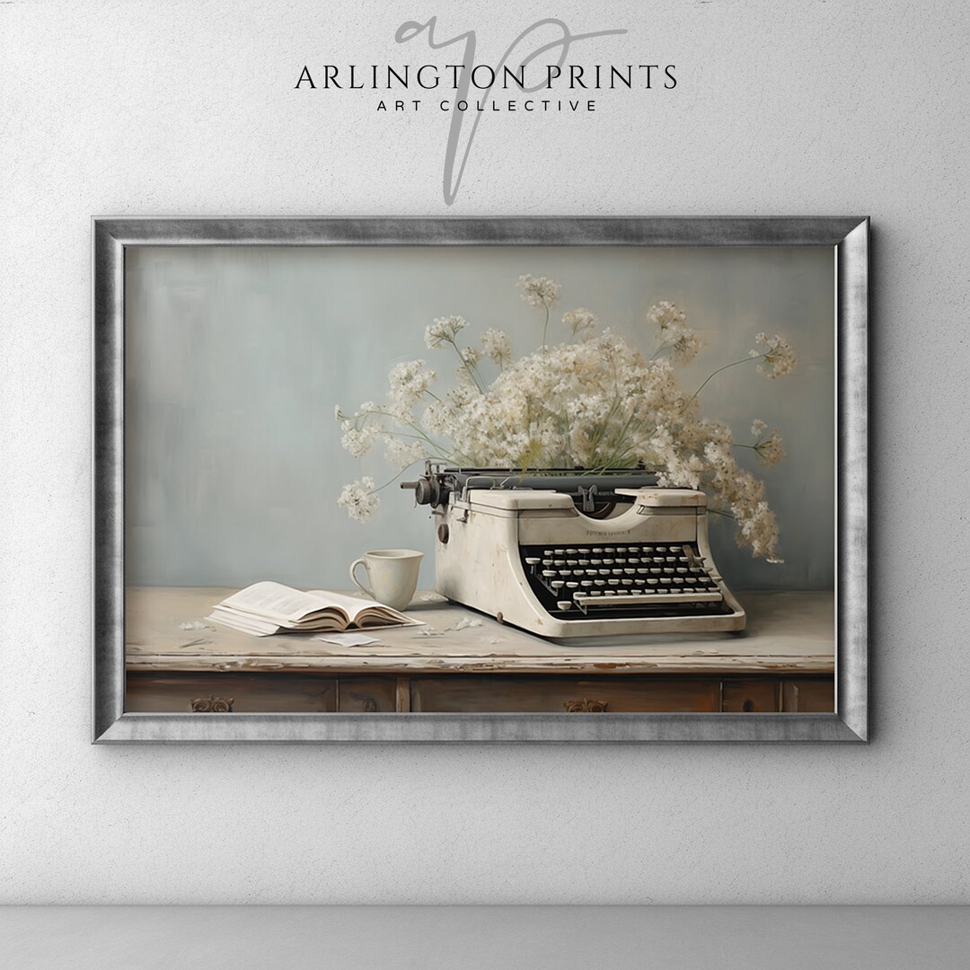 Vintage Art Print, White Typewriter, Floral, Farmhouse Style, Oil ...