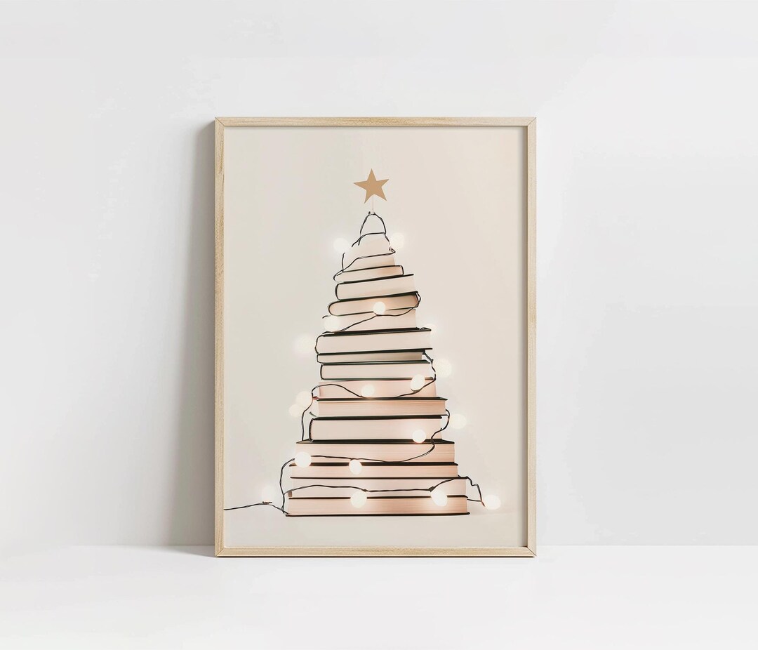 Christmas Tree Book Wall Art, PRINTABLE Christmas Book Stack Still Life ...