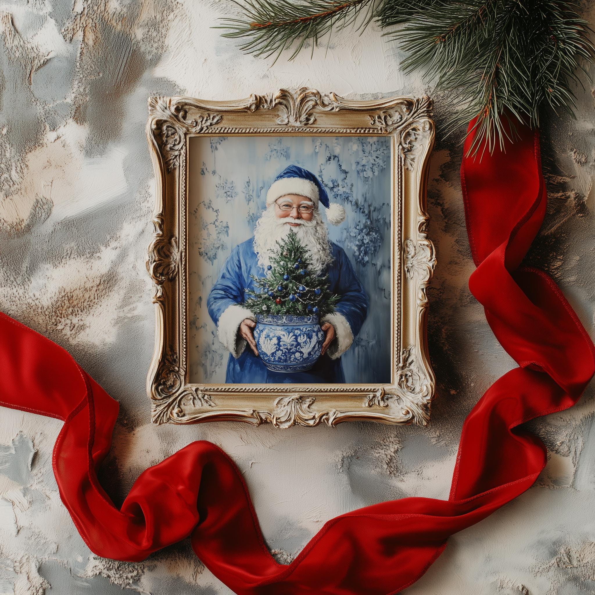 Trendy Blue Floral Santa Painting, PRINTABLE Christmas Home Wall Art ...