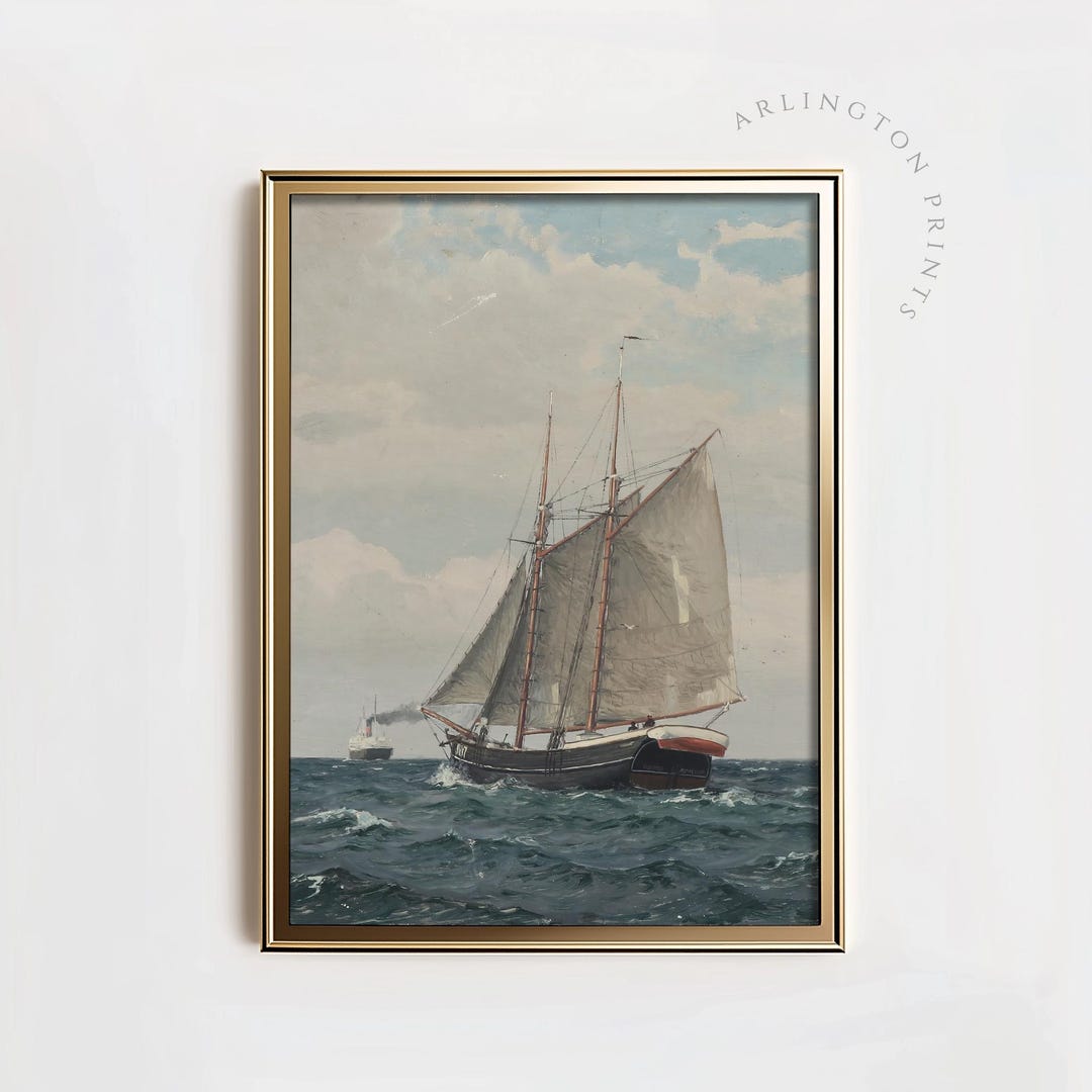 Vintage Ship Painting, Rustic Seascape Art Print, Nautical Decor ...