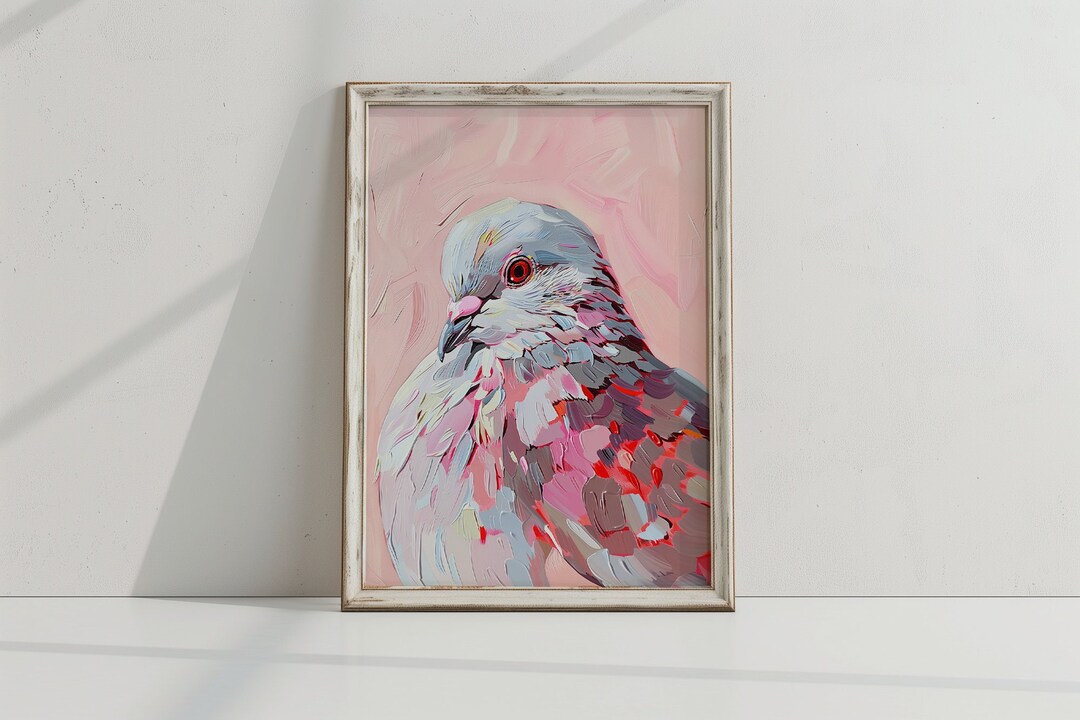 Printable Preppy Bird Painting, Pigeon Art, Pink Aesthetic, Digital ...