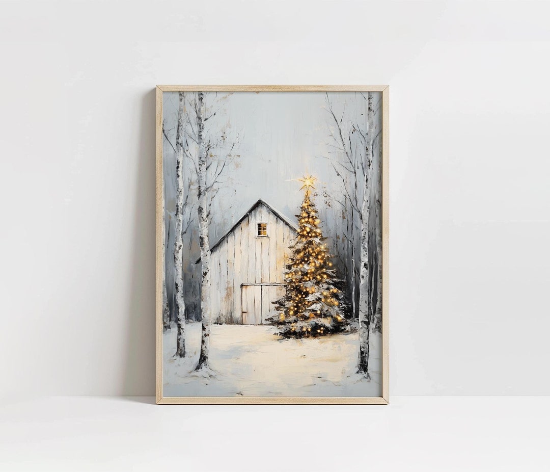 Vintage Rustic Christmas Barn Wall Art, PRINTABLE White Winter ...