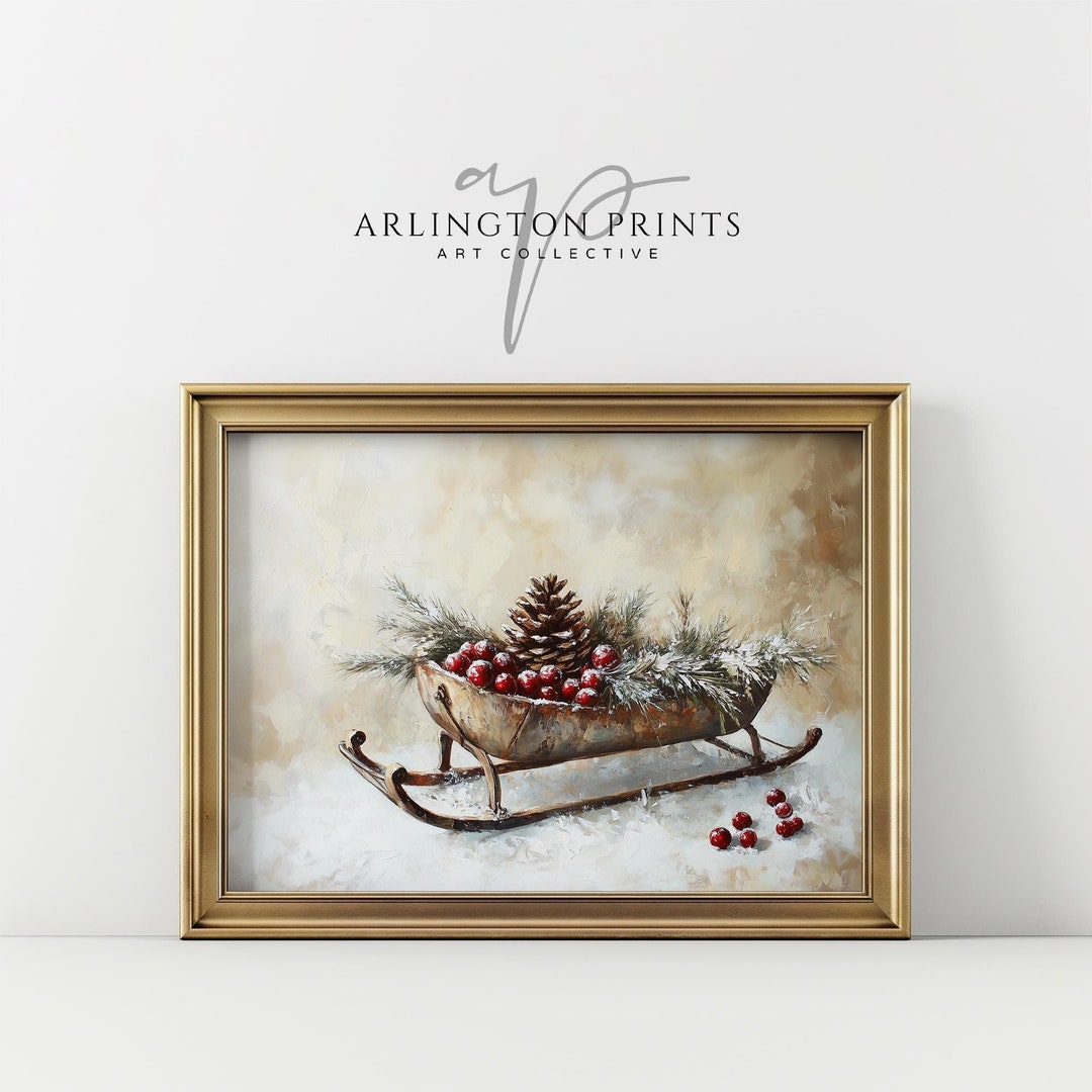 Rustic Christmas Sleigh Print, PRINTABLE Winter Sled Wall Art, Red ...