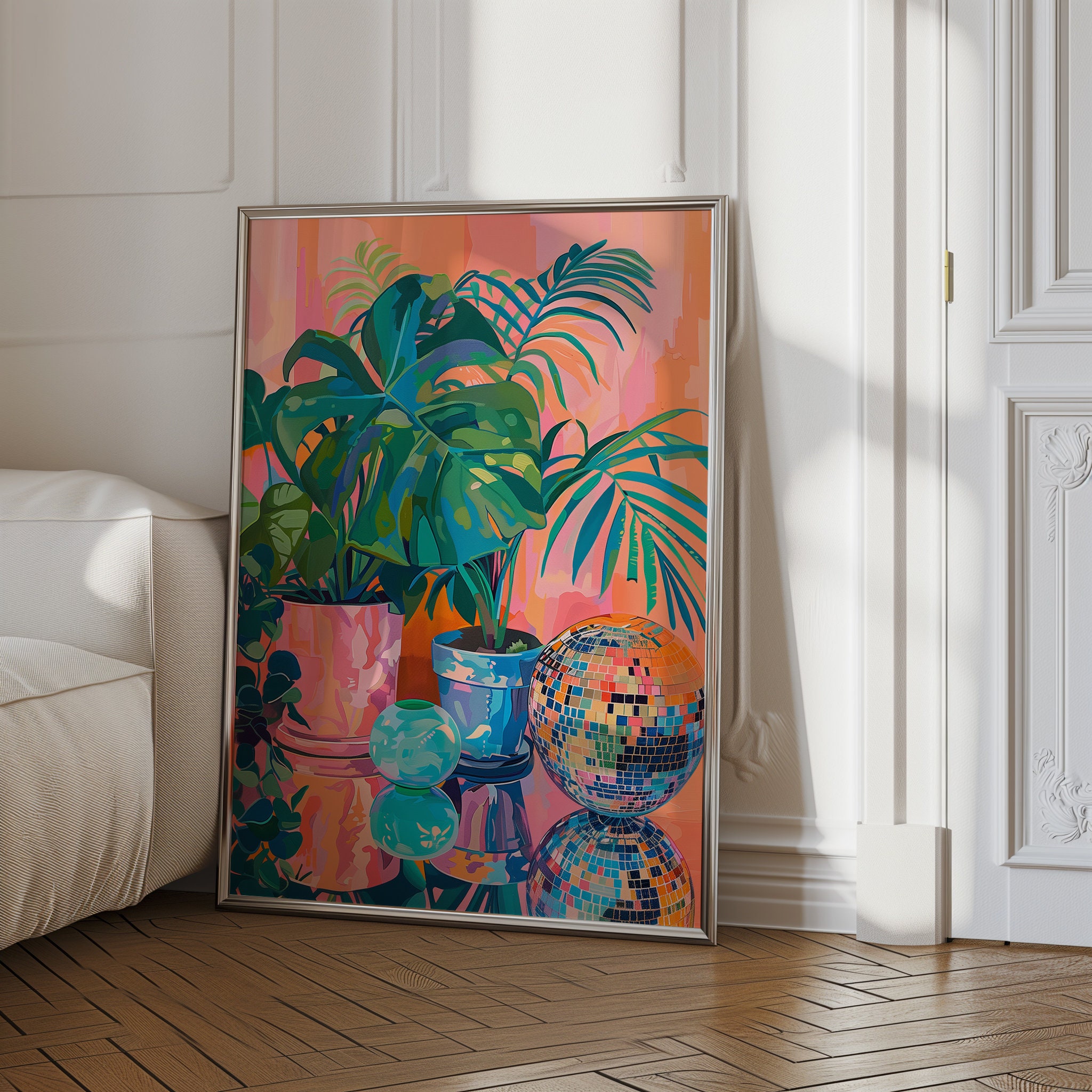 Trendy Disco Ball Painting, Still Life, Houseplants, Colorful Preppy ...