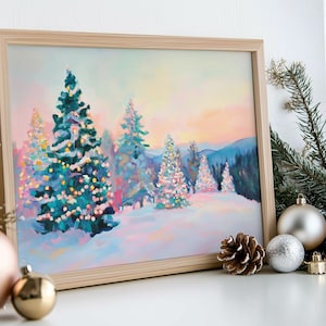 Pretty Pastel Christmas Trees Wall Art, PRINTABLE Winter Landscape Art ...