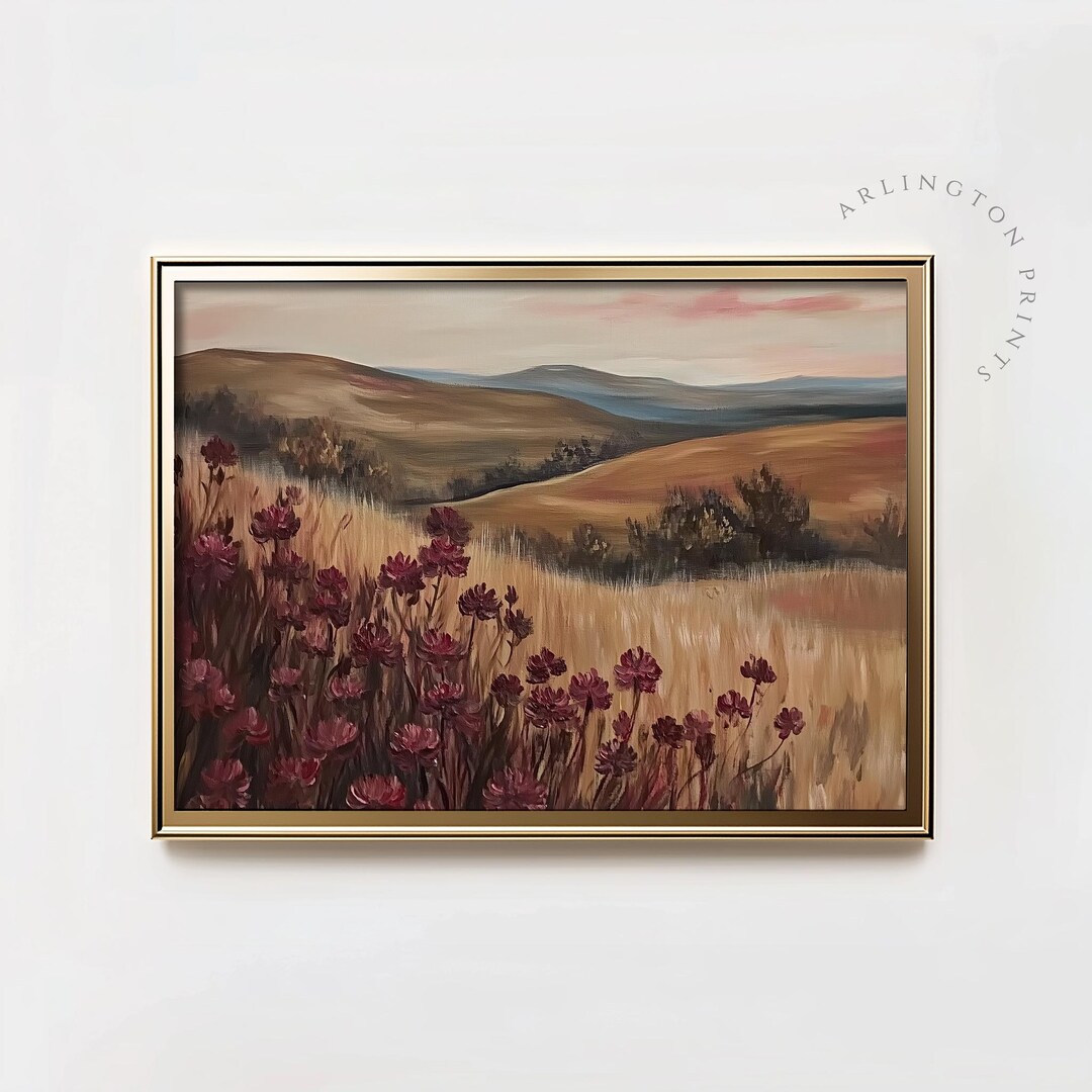 Moody Red Wildflowers Art Print, Vintage Oil Painting Maroon Scenery ...