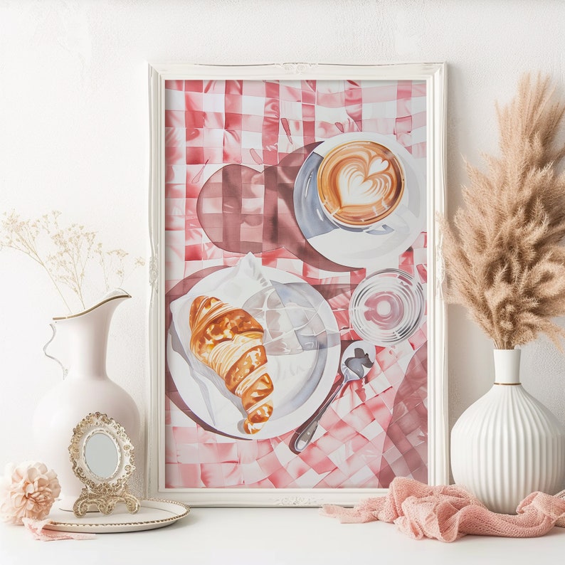 Cute Pink Breakfast Food Print, PRINTABLE Croissant Coffee Wall Art ...
