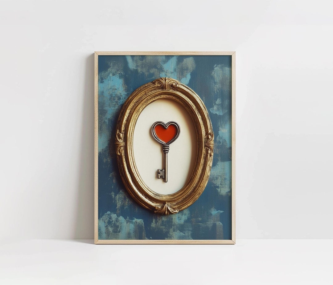 Vintage Cottagecore Heart Key Print, PRINTABLE Red Heart Vignette Wall ...