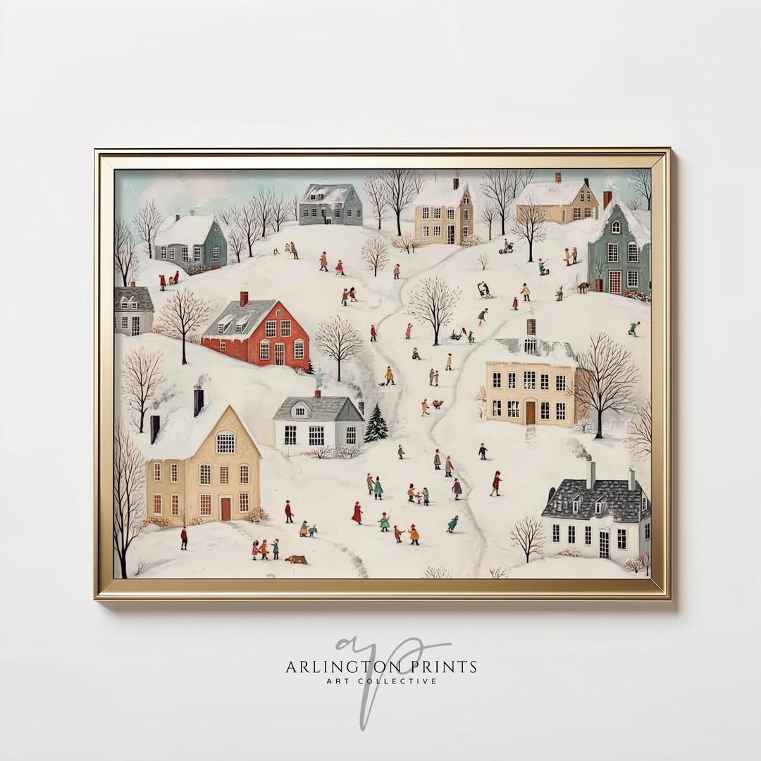 Winter Village Wall Art, Printable Vintage Winter Painting, Country ...