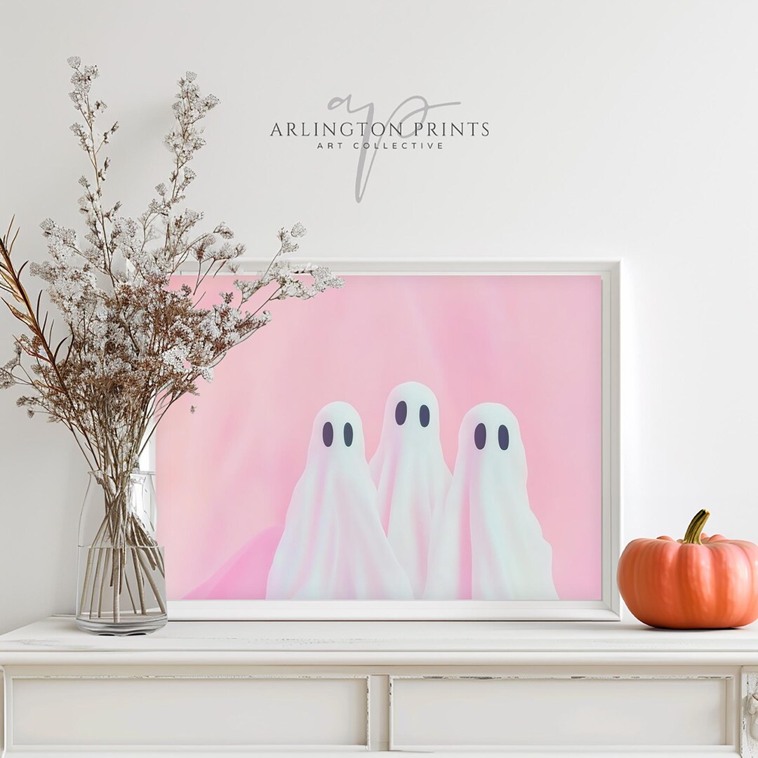 Cute Pink Ghosts Painting, Printable Girly Halloween Wall Art, Colorful ...
