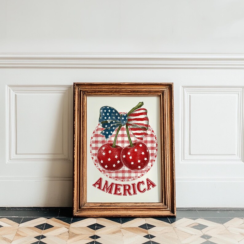 Patriotic Coquette Cherry Art Print, Cute America Wall Decor, Red White ...