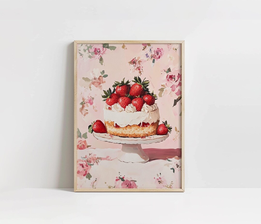 Preppy Pink Strawberry Cake Print, PRINTABLE Cute Pink Food Art, Floral ...
