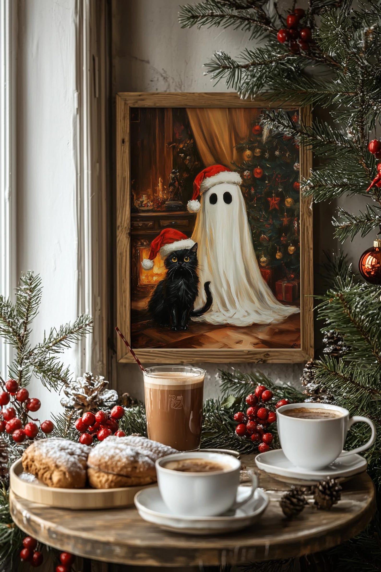 Funny Ghost Halloween Christmas Art, Cute Santa Ghost With Cat, Spooky ...