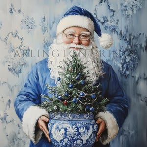 Trendy Blue Floral Santa Painting, PRINTABLE Christmas Home Wall Art ...