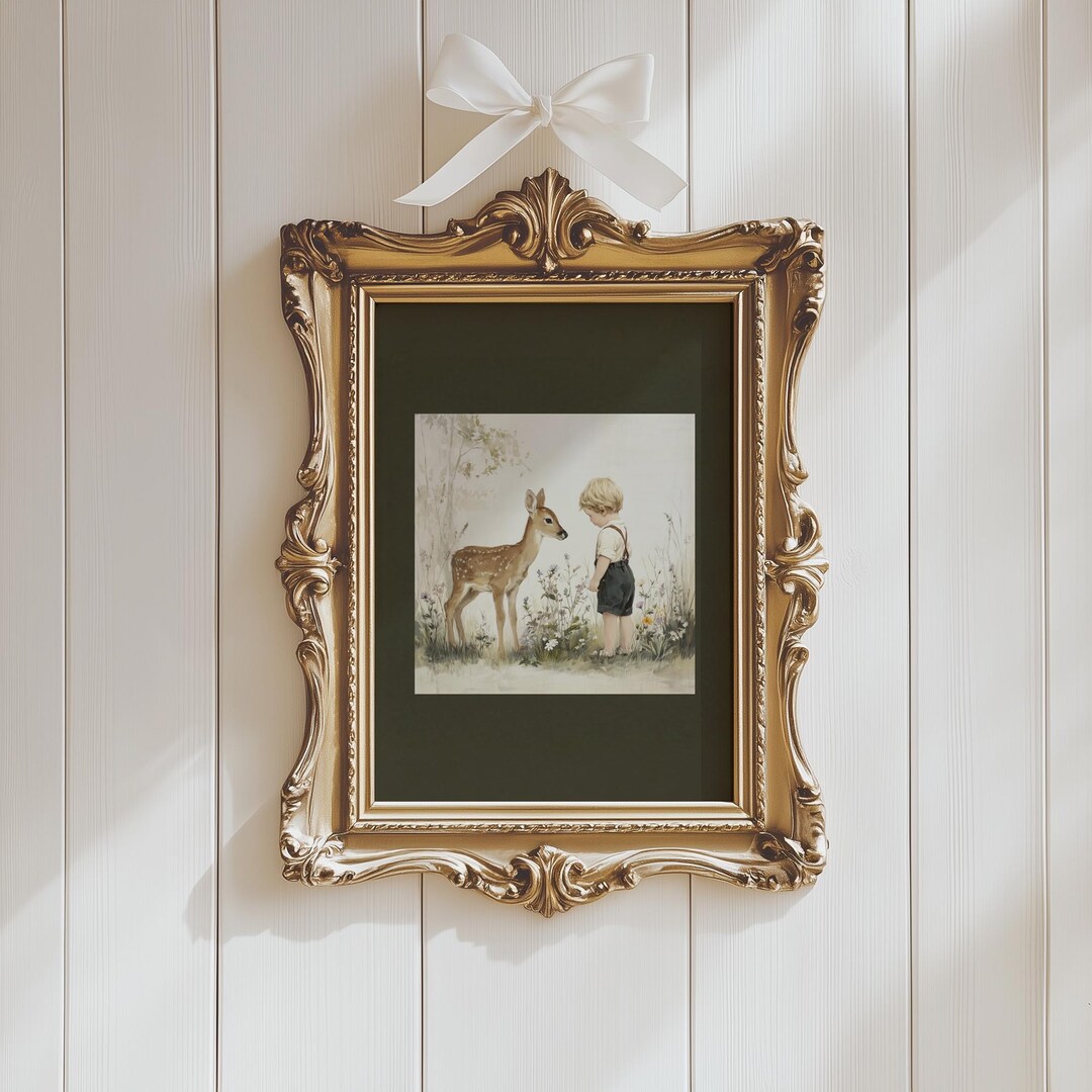 Vintage Boy and Fawn Nursery Art Print, Woodland Animal Baby Room Decor ...