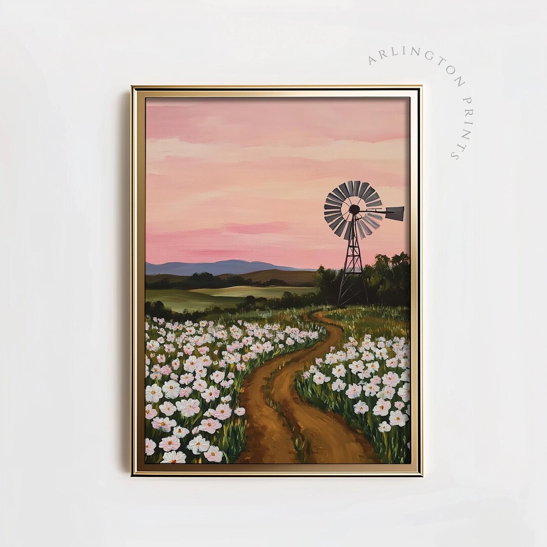 Rustic Windmill Oil Painting, Pastel Sunset Art Print, Countryside ...