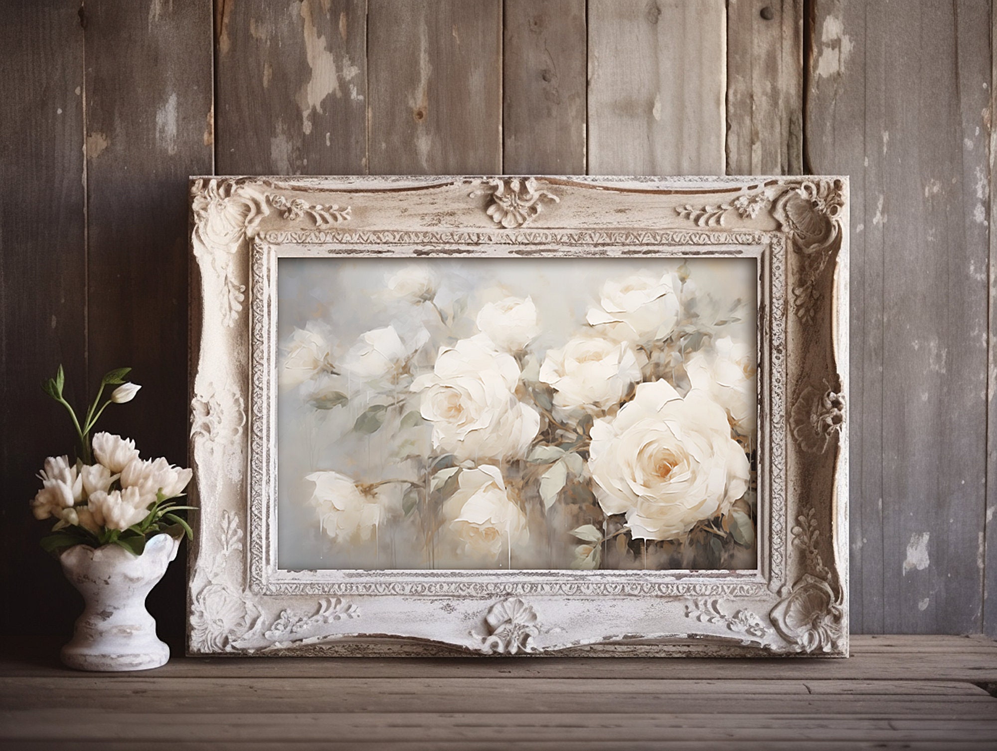 Printable White Roses Floral, Farmhouse Style, Vintage Oil Painting ...