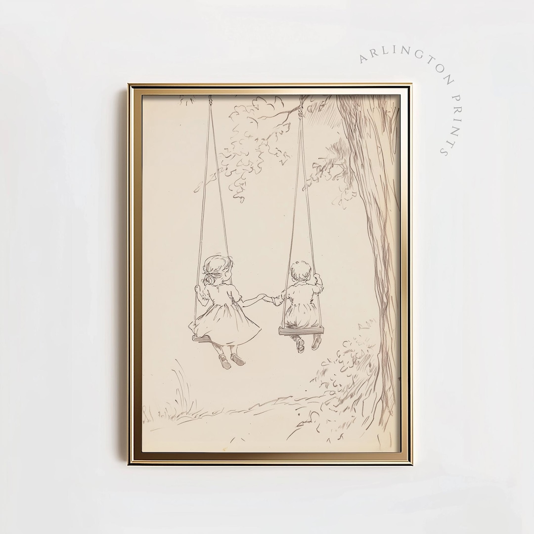 Vintage Style Kids Swinging Drawing, PRINTABLE Whimsical Beige Nursery ...