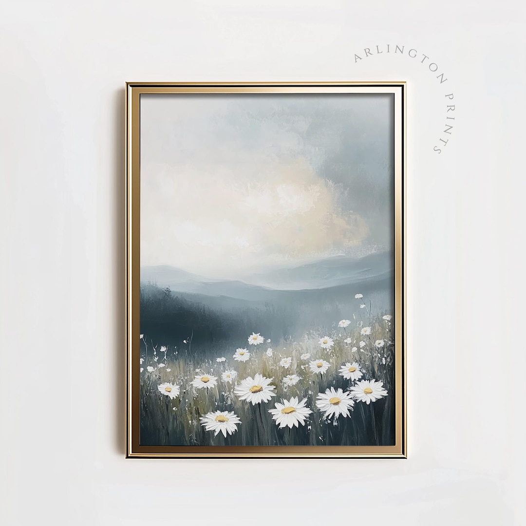 Muted Daisy Field Print, PRINTABLE Moody Blue Floral Painting, Rustic ...