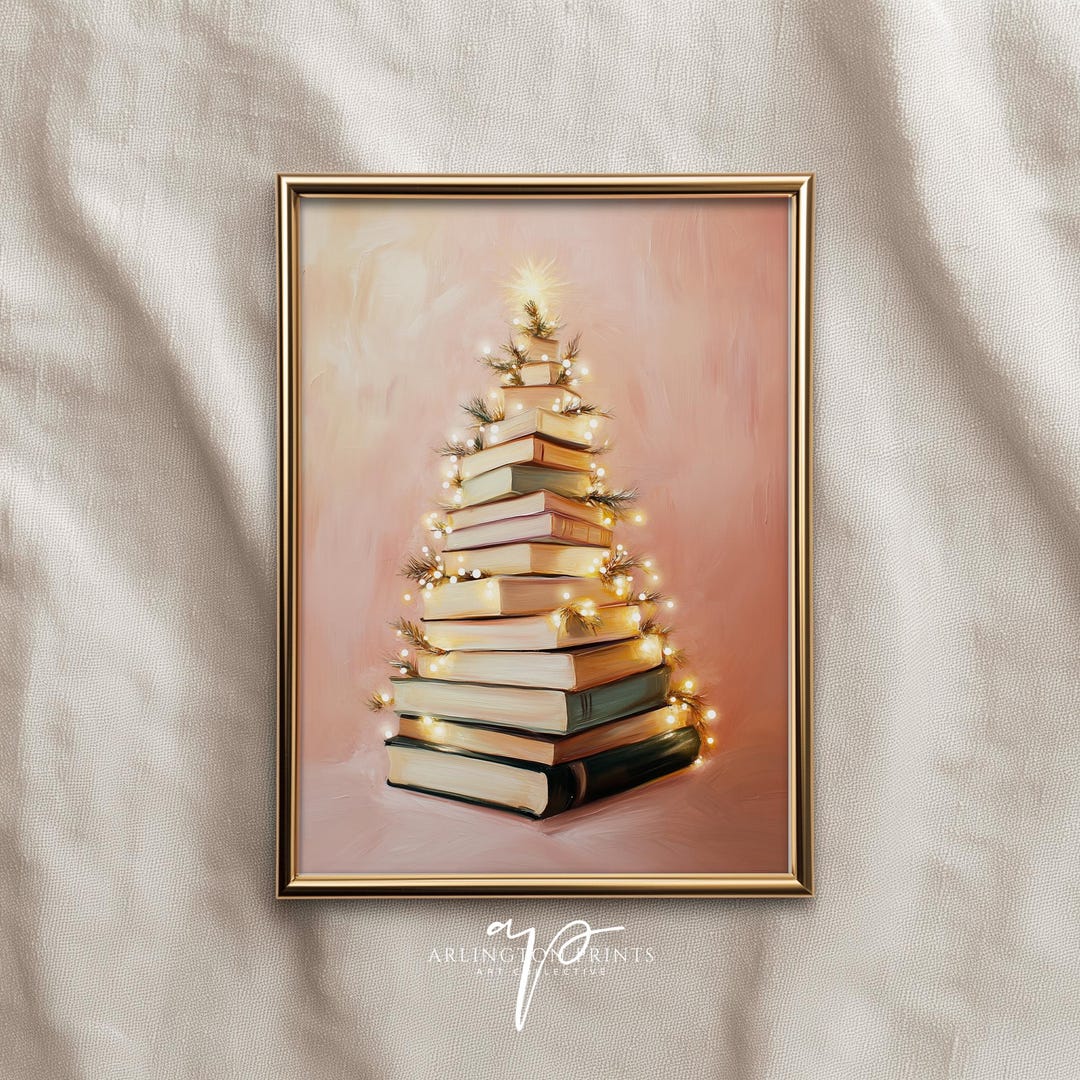 Book Stack Christmas Tree Art, Festive Holiday Reading Print, Cozy Book ...