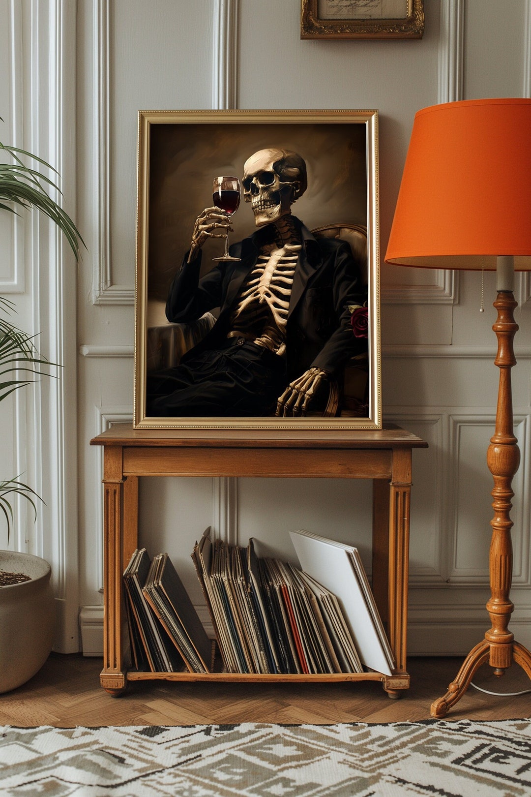 Skeleton Drinking Wine, Classy Halloween Wall Art, Spooky Season ...