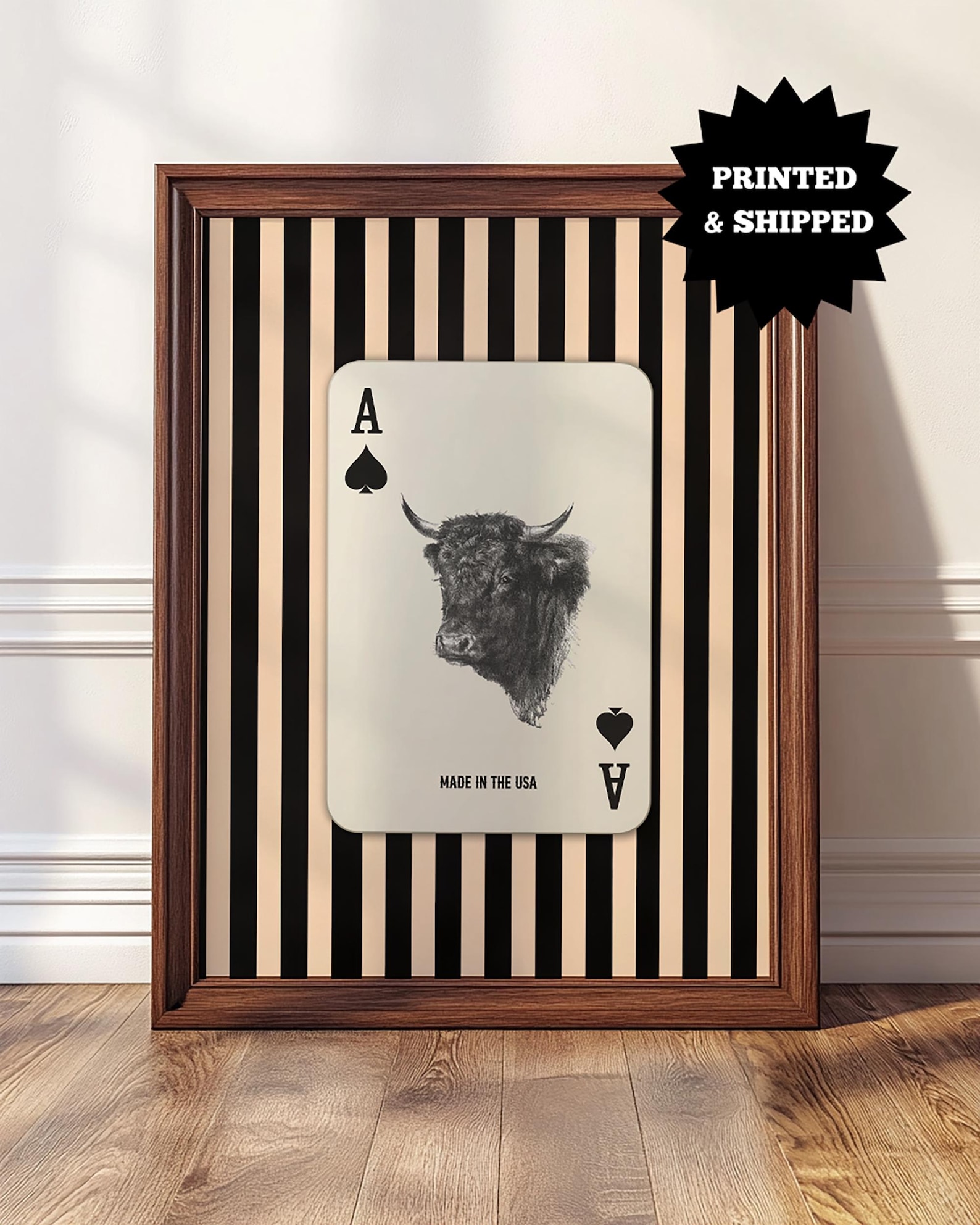 Ace of Spades Bull Art, Western Striped Cowboy Wall Print, UNFRAMED ...