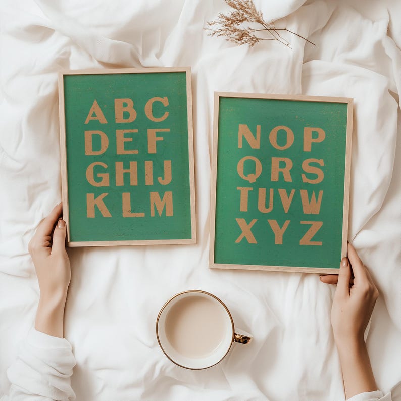 Vintage ABC Poster Nursery Art Print Set, Green Nursery Letter Artwork ...