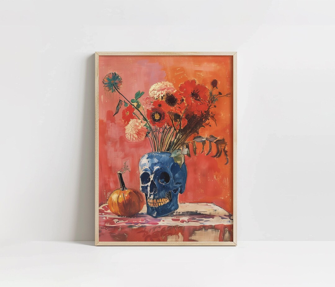 Preppy Halloween Art, Modern Matisse Vibes, Skull Floral Bouquet, Retro ...