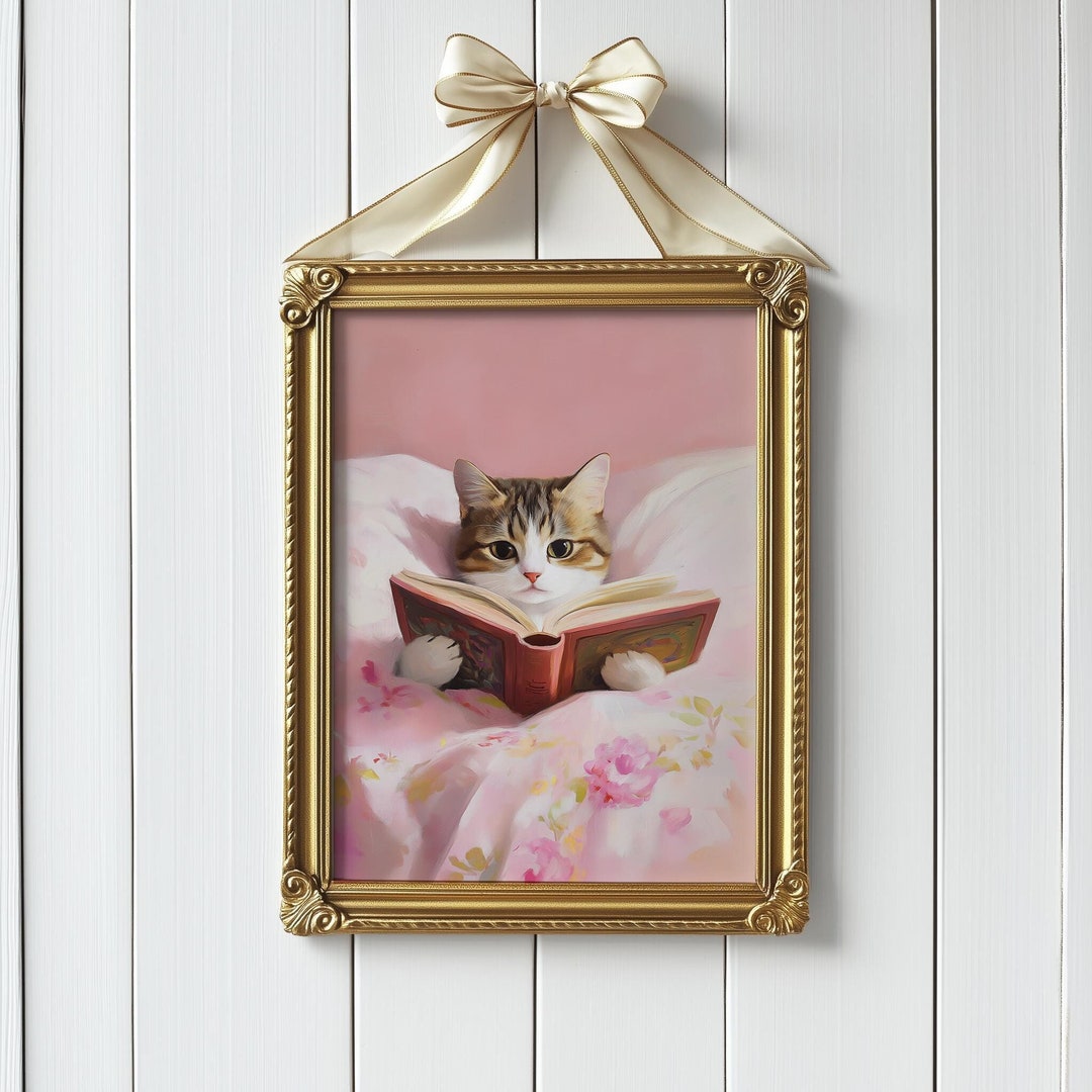 Reading Cat Wall Art, Cute Pink Book Lover Print, Trendy Bookworm ...
