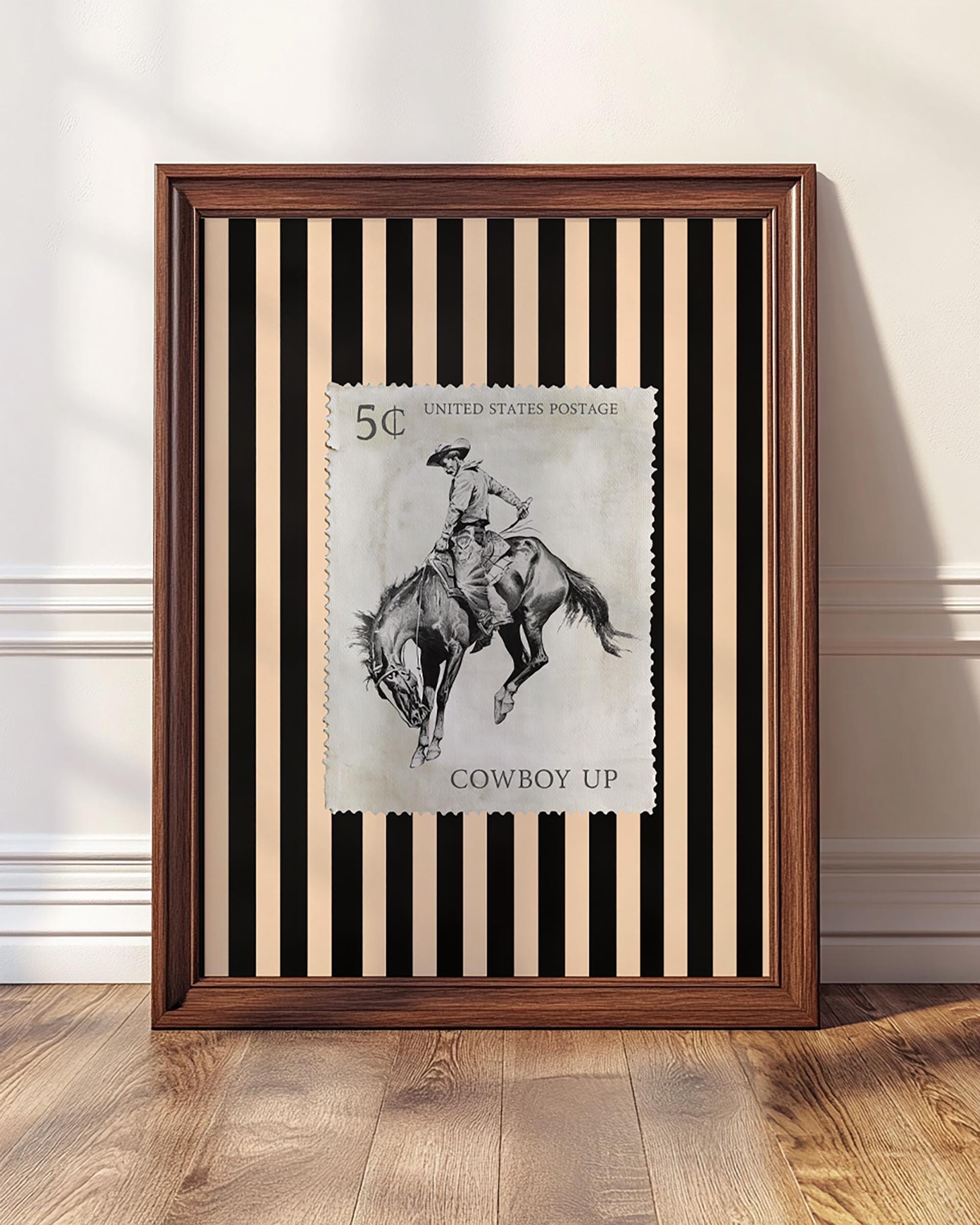 Cowboy up Wall Art Print, Vintage Stamp Poster, Western Rodeo Decor ...