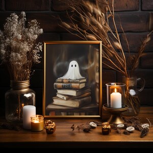 Cute Ghost Book Stack Print, Whimsigoth Decor, Halloween Book Painting ...