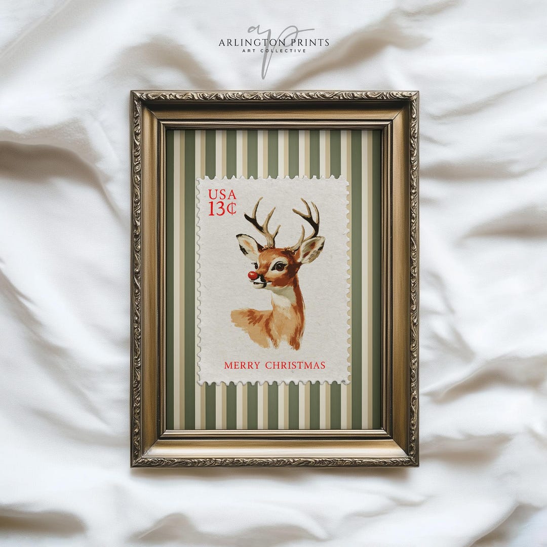 Vintage Rudolph Christmas Stamp Poster, Retro Holiday Wall Art, Striped ...