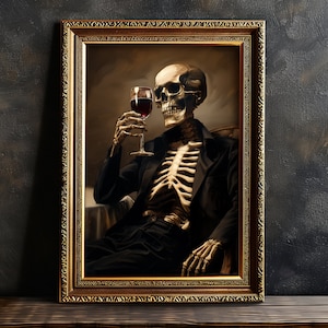 Skeleton Drinking Wine, Classy Halloween Wall Art, Spooky Season ...