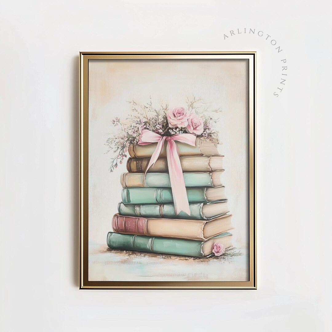 Coquette Book Stack Art Print, Pink Ribbon Nursery Wall Art, Printable ...