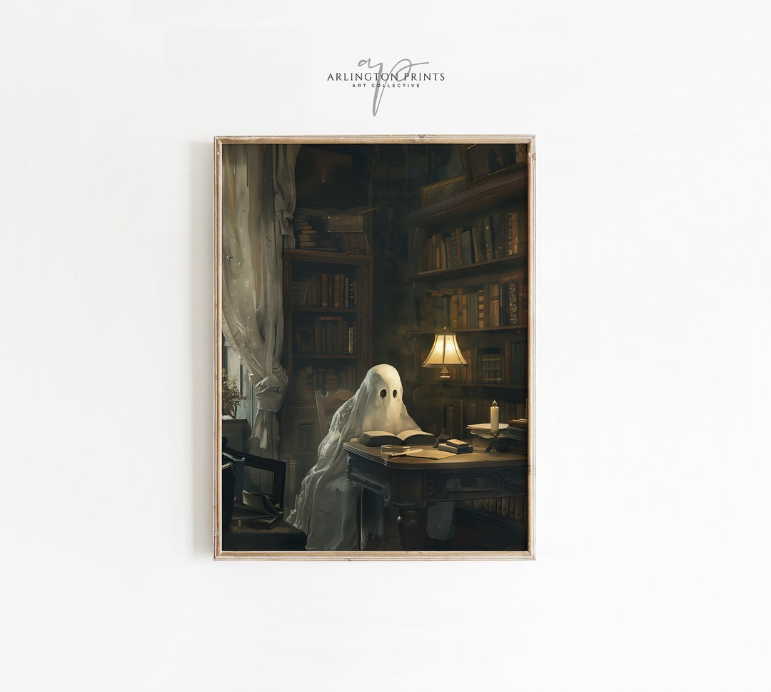 Ghost Studying in Library Wall Art, Printable Vintage Halloween Decor ...