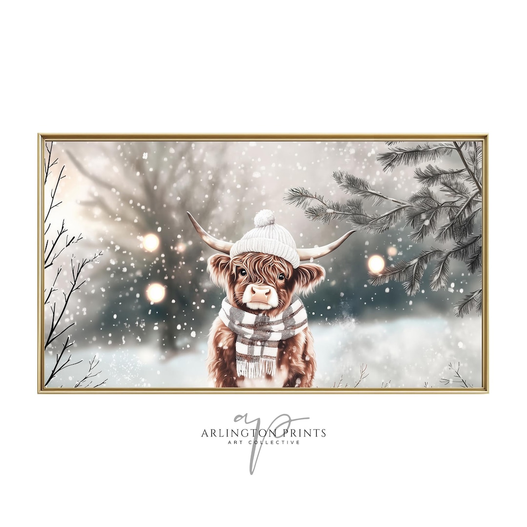 Winter Highland Cow Frame TV Art, Cute Christmas Painting, Winter ...