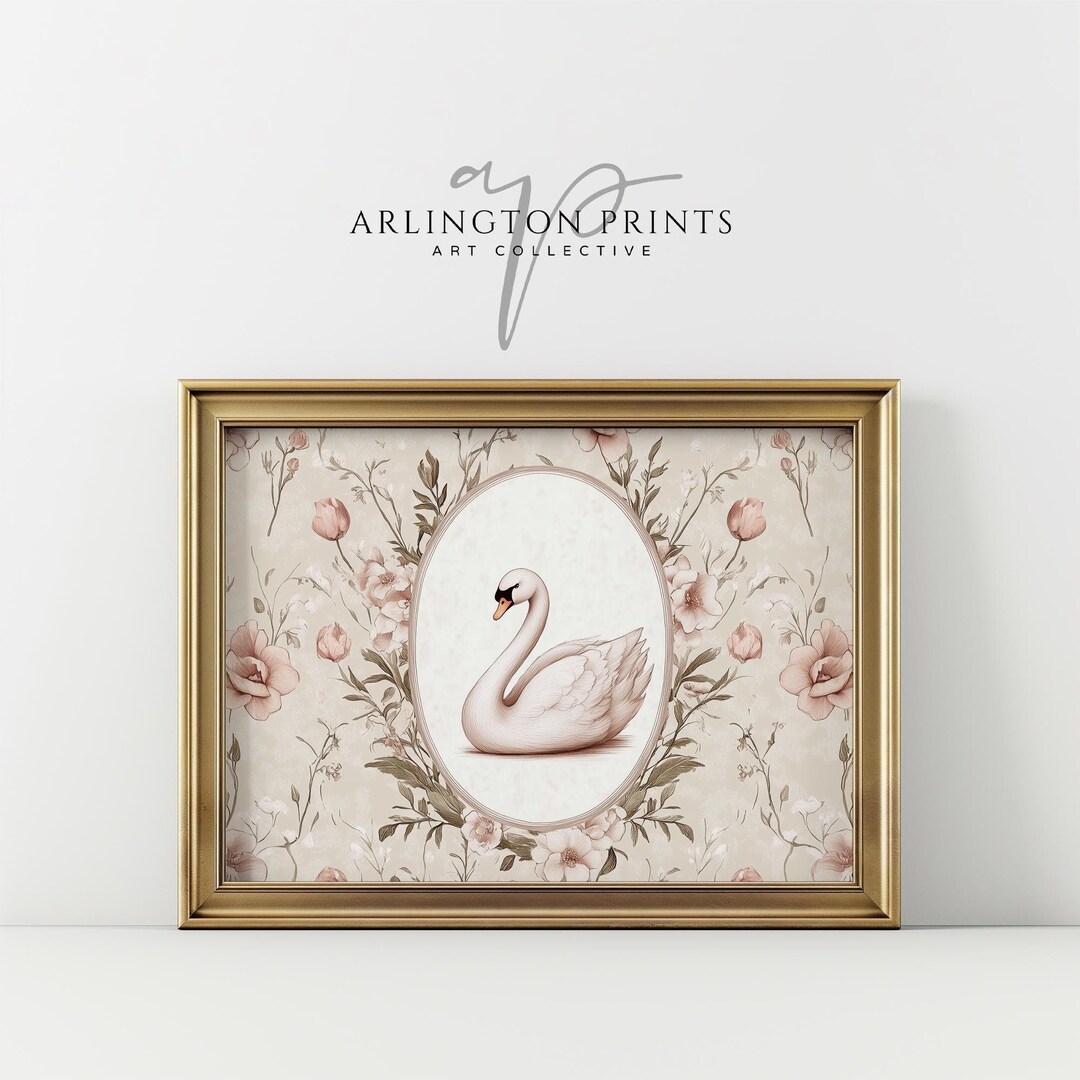 Vintage Pink Cottage Swan Art Print, PRINTABLE Floral Nursery Wall Art ...