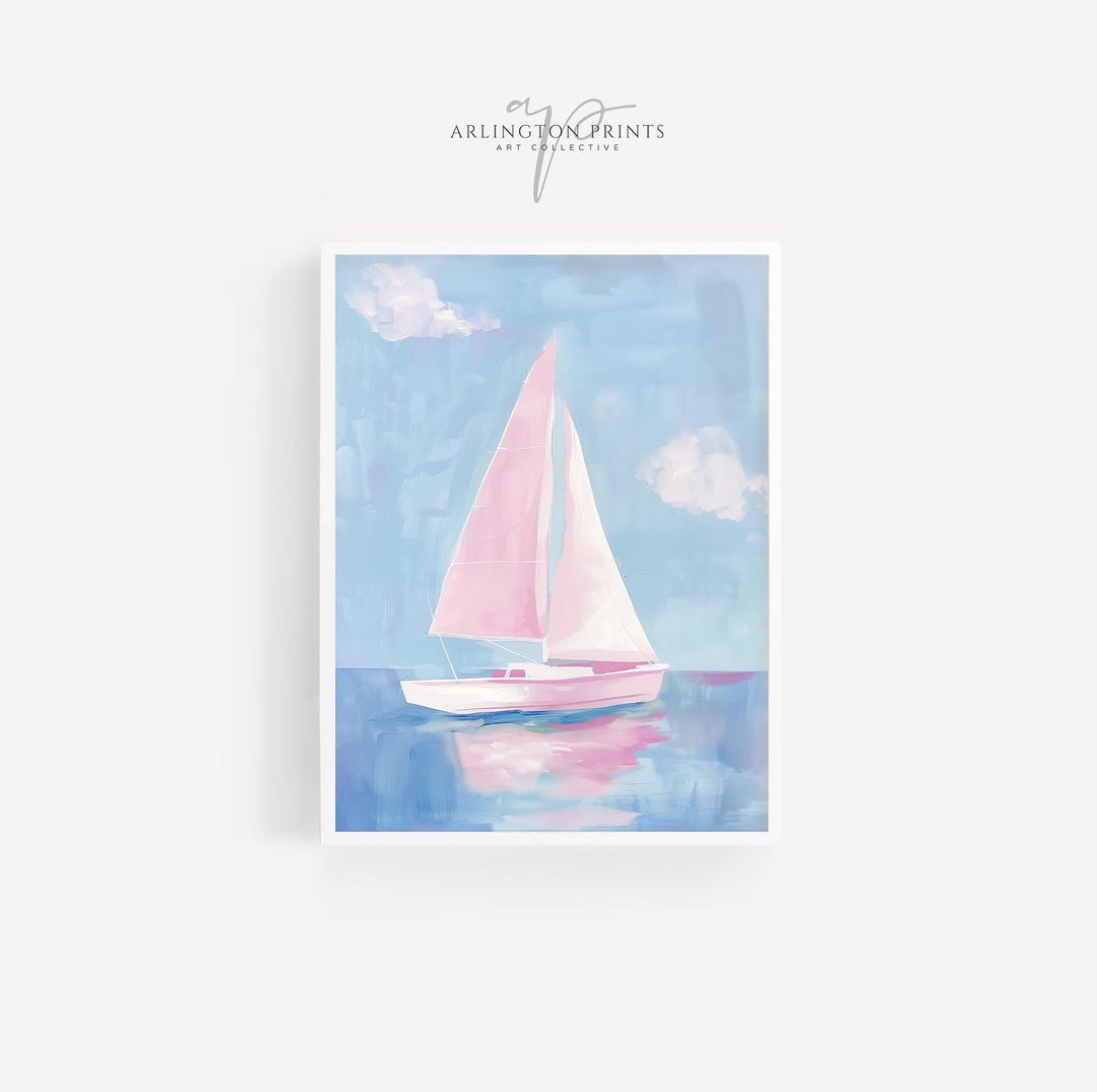 Pastel Pink Blue Sailboat Wall Art, Coastal Summer Ocean Painting ...