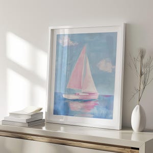 Pastel Pink Blue Sailboat Wall Art, Coastal Summer Ocean Painting ...