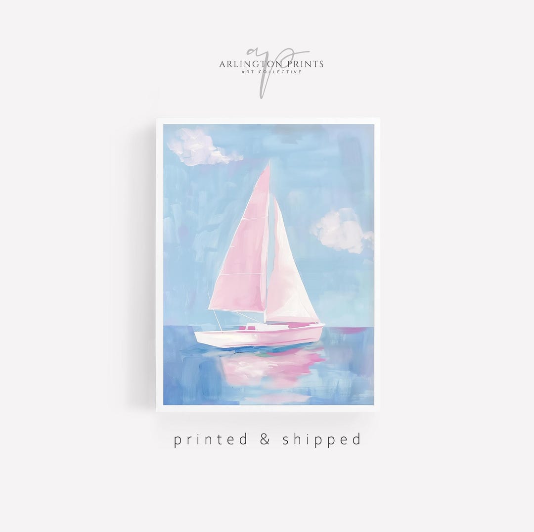 Pastel Pink Blue Sailboat Poster, Coastal Summer Ocean Painting ...