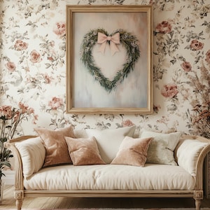 Vintage Pink Heart Wreath Print, PRINTABLE Valentines Wall Art ...